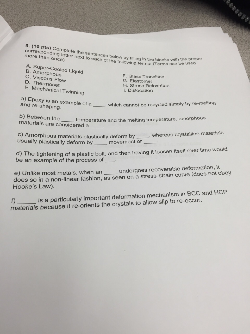 Solved 9. (10 corresponding letter next sentences below by | Chegg.com