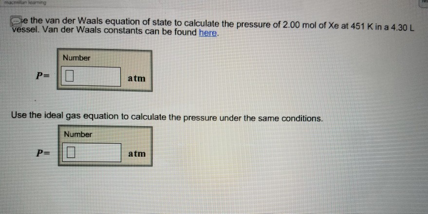 Solved macmilan learning the van der Waals equation of state | Chegg.com