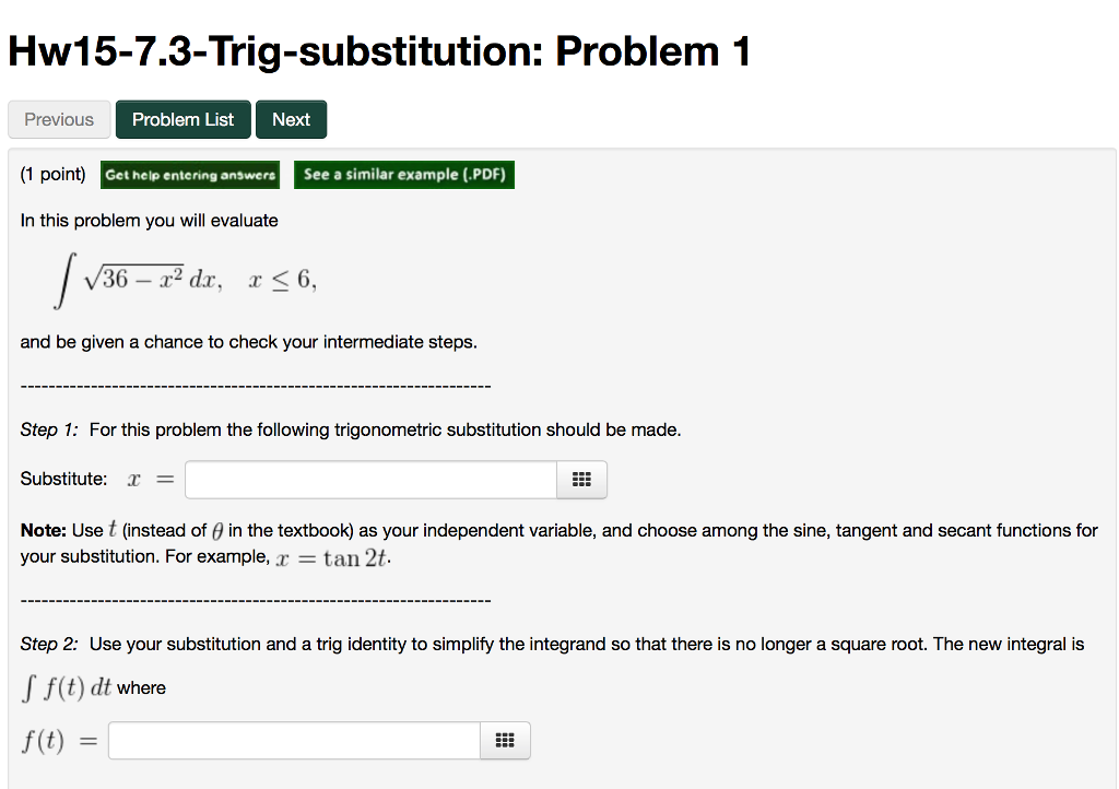 Solved Hw15-7.3-Trig-substitution: Problem 1 Previous | Chegg.com