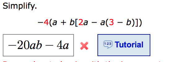 Solved Simplify. - 4(a + b[2a - a (3 - b)]) -20 ab - 4a | Chegg.com