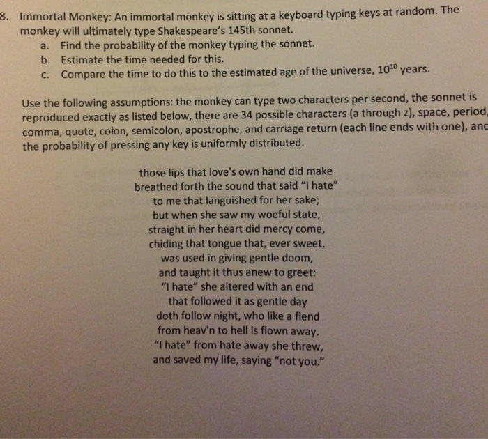 Solved An immortal monkey is sitting at a keyboard typing | Chegg.com