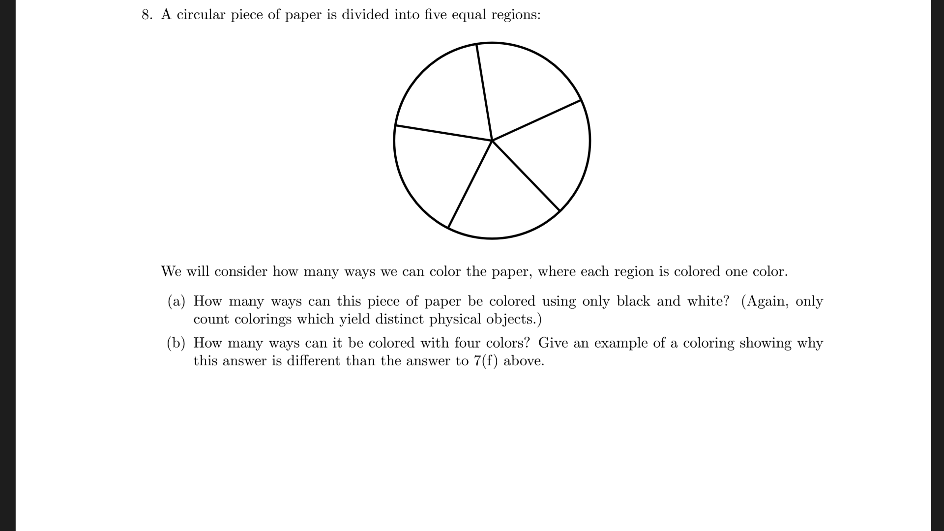 Solved A circular piece of paper is divided into five equal | Chegg.com
