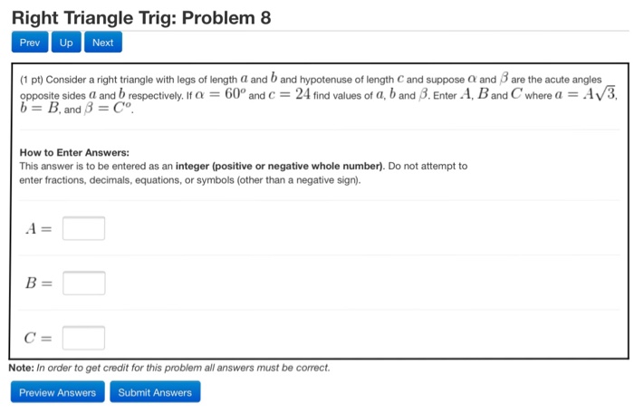 Solved Right Triangle Trig: Problem 1 Prev PNext (1 t) | Chegg.com