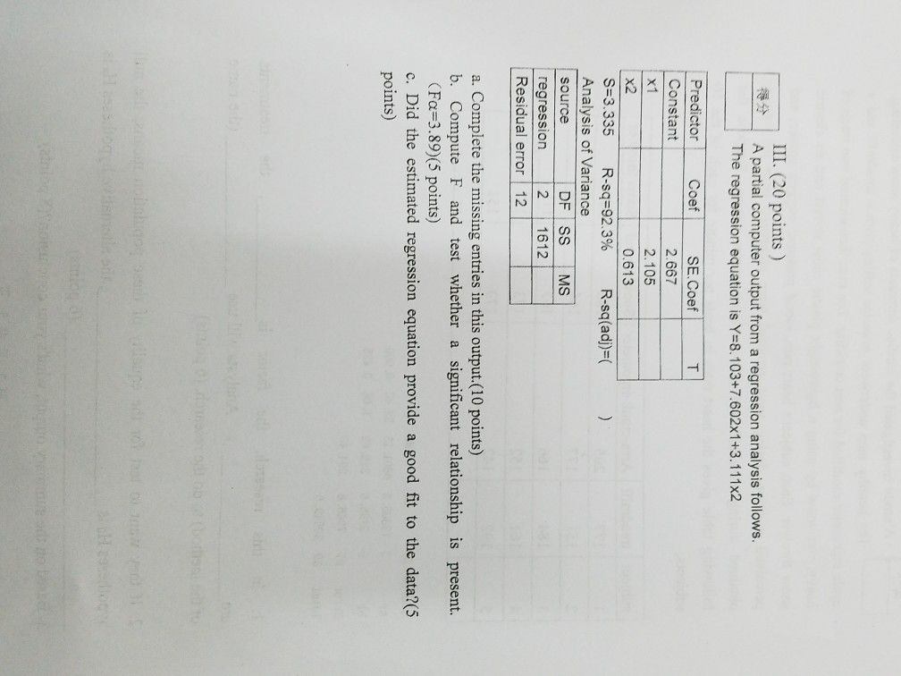 Solved III. (20 points) A partial computer output from a | Chegg.com