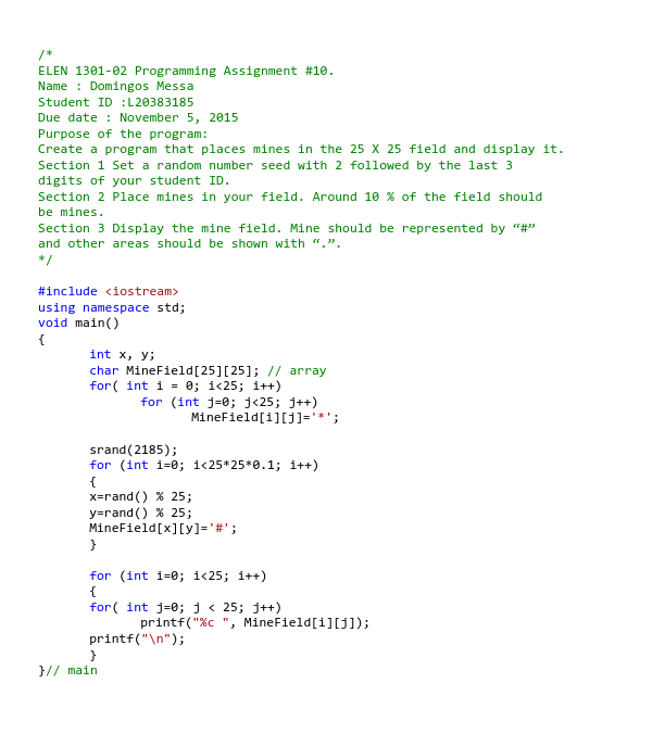 Solved ELEN 1301-02 Programming Assignment #10 Name Domingos | Chegg.com