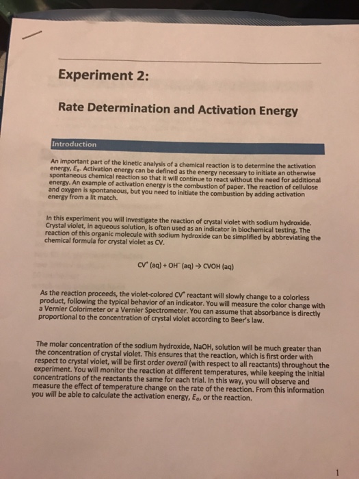 Solved Experiment 2: Rate Determination and Activation | Chegg.com