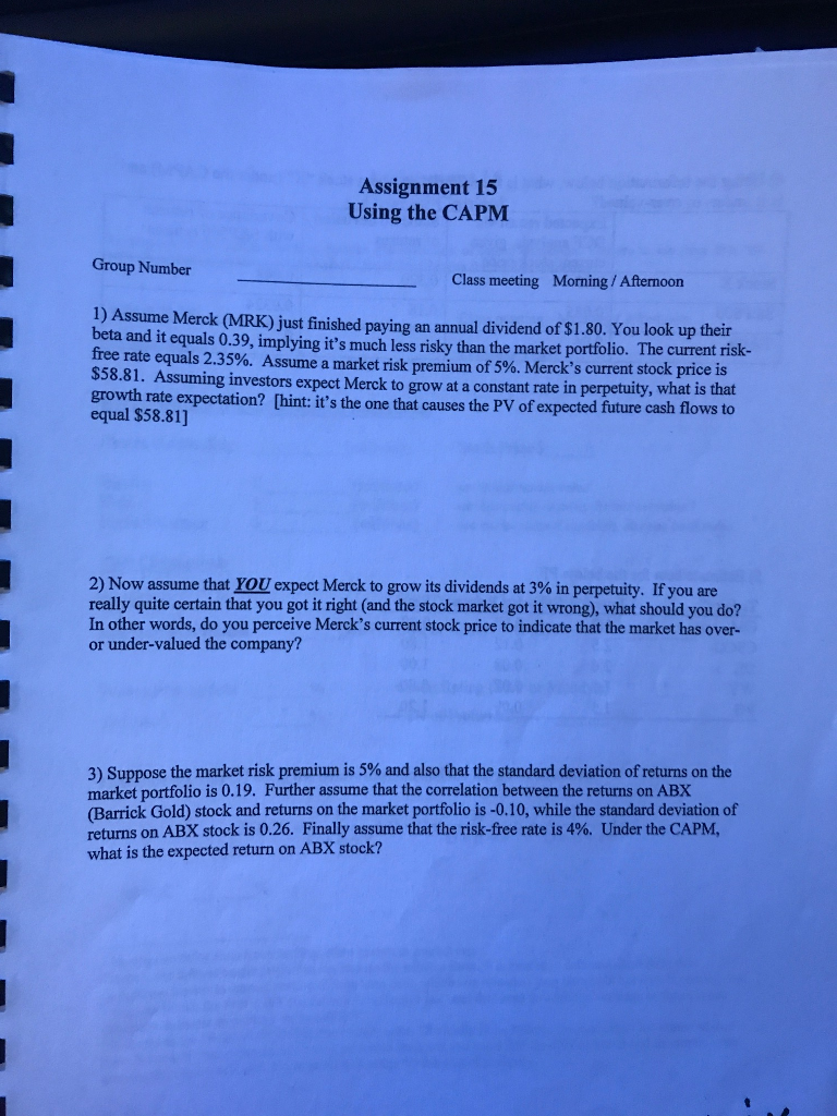 Solved Assignment 15 Using the CAPM Group Number Class | Chegg.com