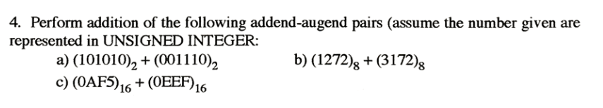 Solved Perform addition of the following addend-augend pairs | Chegg.com