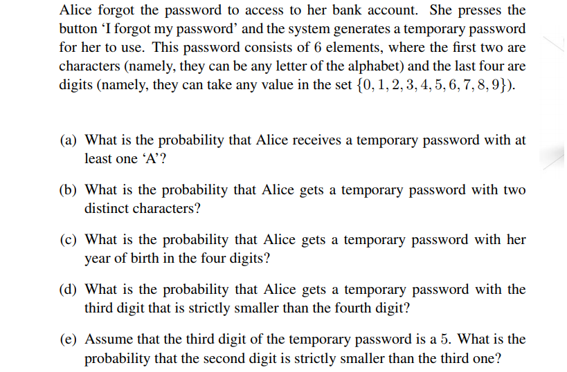 Solved Alice forgot the password to access to her bank | Chegg.com