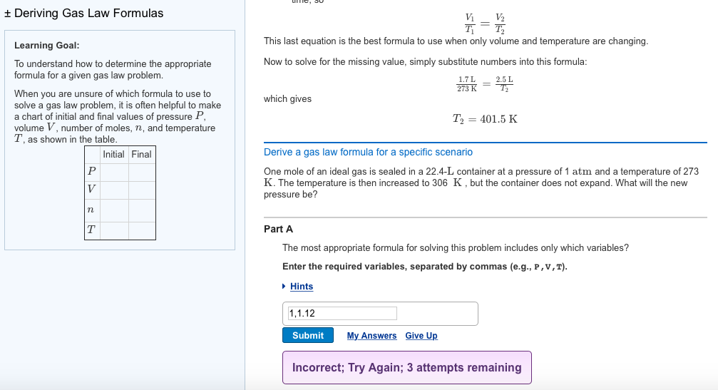 Solved t Deriving Gas Law Formulas Learning Goal: To | Chegg.com
