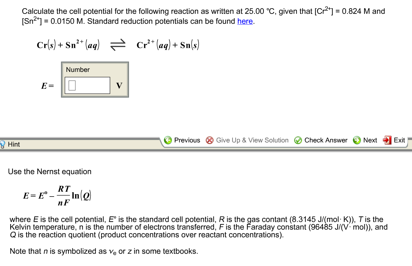 Solved Calculate the cell potential for the following | Chegg.com
