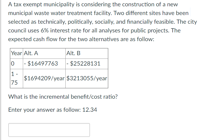 Solved A tax exempt municipality is considering the | Chegg.com