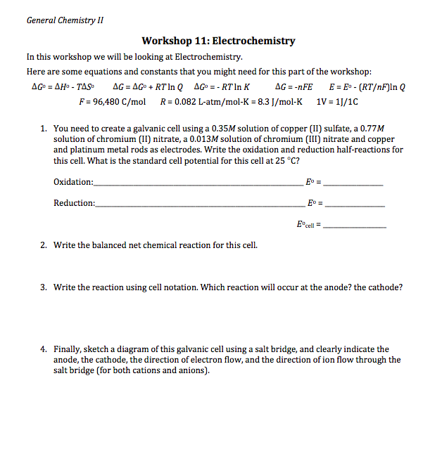 Solved General Chemistry II Workshop 11: Electrochemistry In | Chegg.com