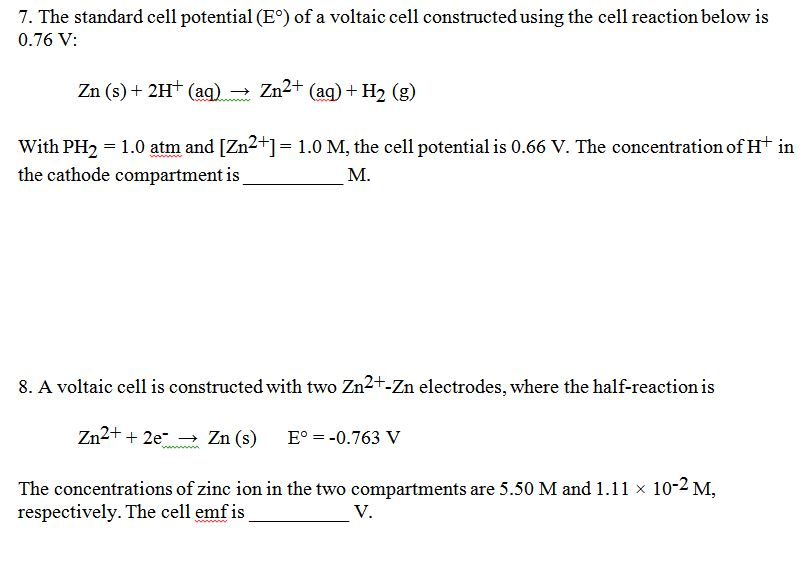Solved The standard cell potential (E degree) of a voltaic | Chegg.com