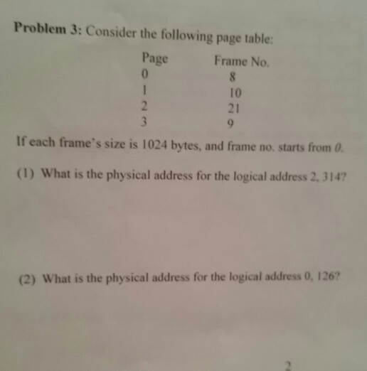 Solved Problem 3: Consider the following page table Frame | Chegg.com