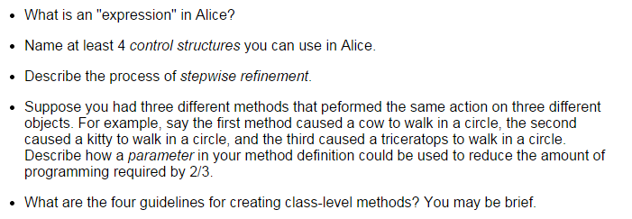 Solved . What is an expression in Alice? . Name at least 4 | Chegg.com