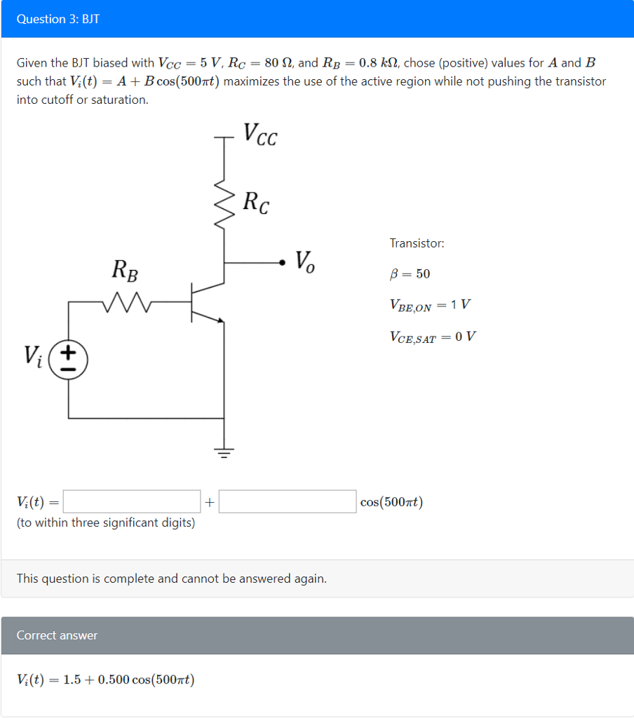 Solved Question 3: BJT Given the BJT biased with VCC-5 V, | Chegg.com