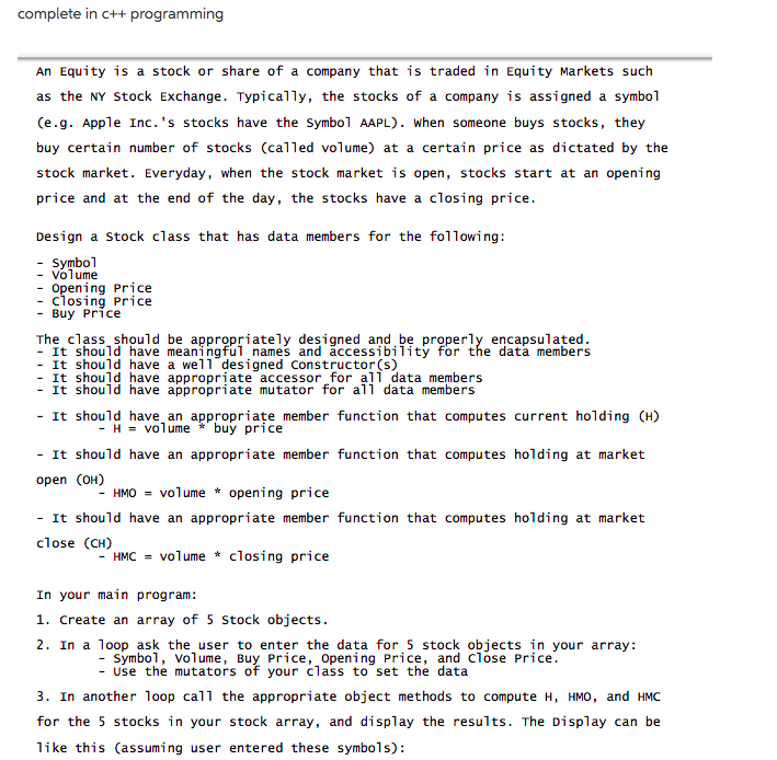 Solved complete in c++ programming An Equity is a stock or | Chegg.com