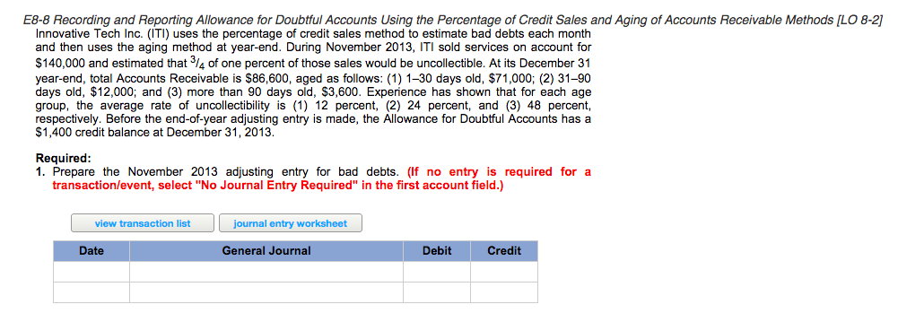 Solved E8-8 Recording and Reporting Allowance for Doubtful | Chegg.com