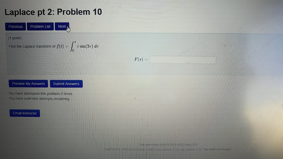 Solved Laplace pt 2: Problem 10 Previous Problem List Next | Chegg.com