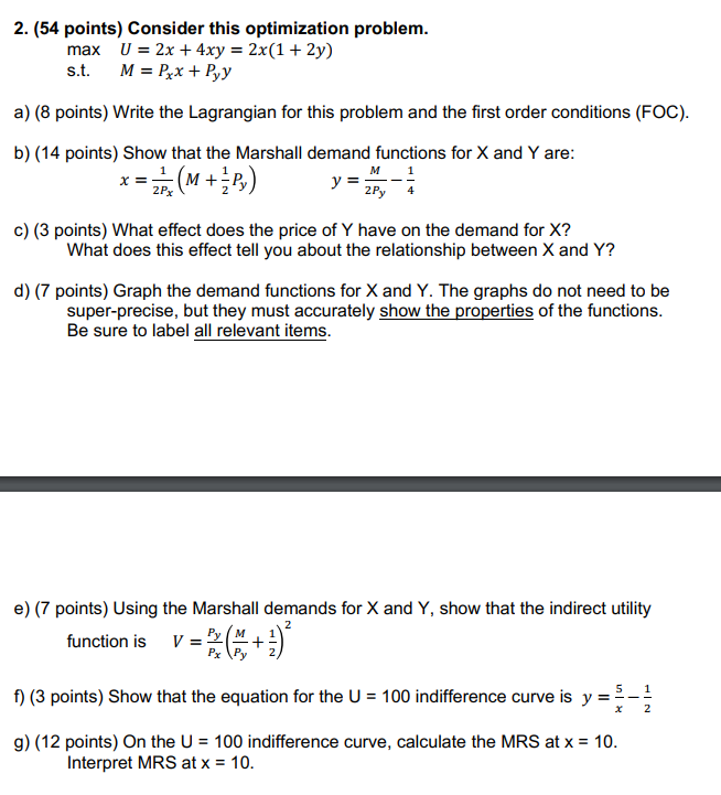 Solved 2. (54 points) Consider this optimization problem. U | Chegg.com