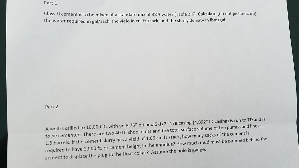 Solved Part 1 Class H cement is to be mixed at a standard | Chegg.com