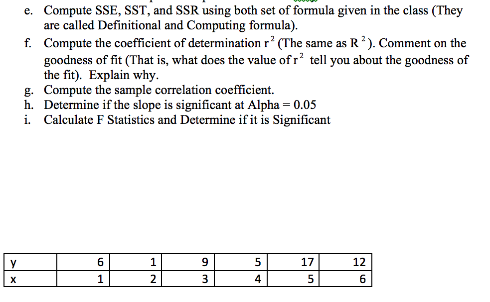 Compute SSE, SST, and SSR using both set of formula | Chegg.com