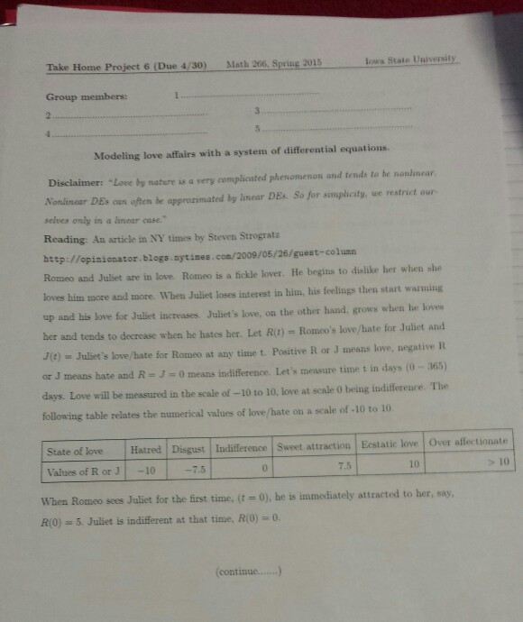 Take Home Project 6 (Due 4/30) Math 266, Spring 2015 | Chegg.com