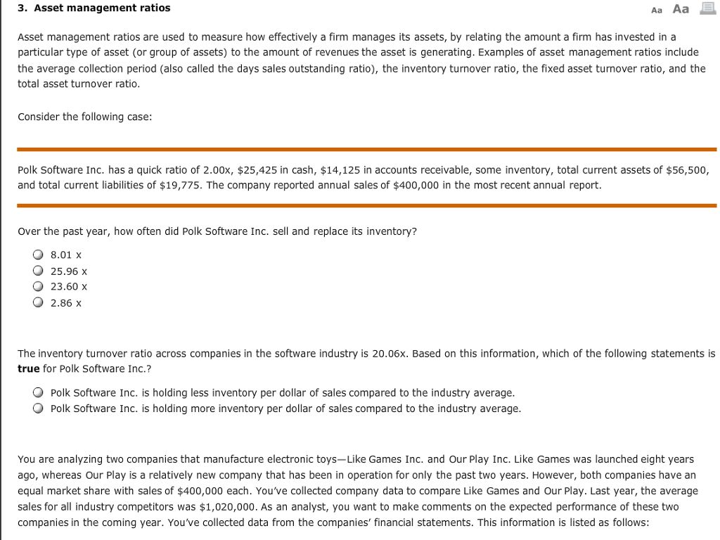 Solved 3. Asset management ratios Asset management ratios | Chegg.com