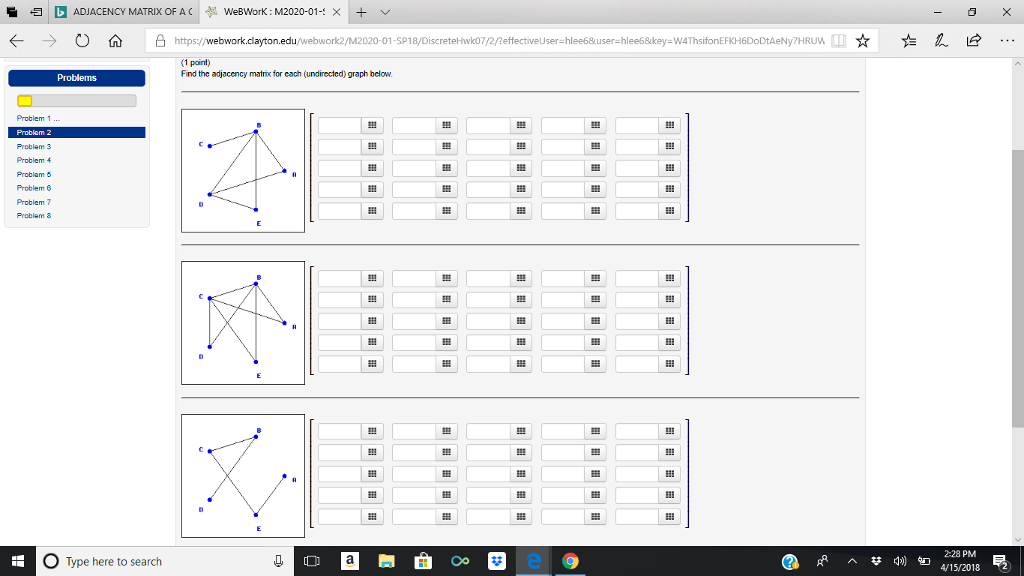 Solved ? ADJACENCY MATRIX OF A ( gl WeBWorK : M2020-01-X + ? | Chegg.com