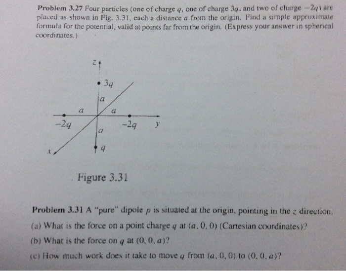 Solved Four particles (one of charge q, one of charge 3q, | Chegg.com