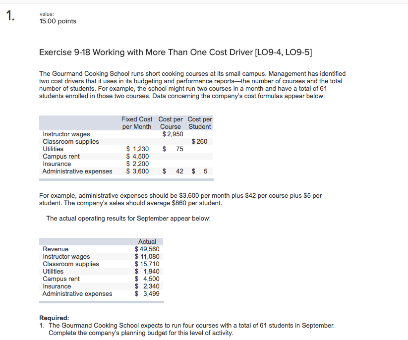 Solved value: 15.00 points Exercise 9-18 Working with More | Chegg.com