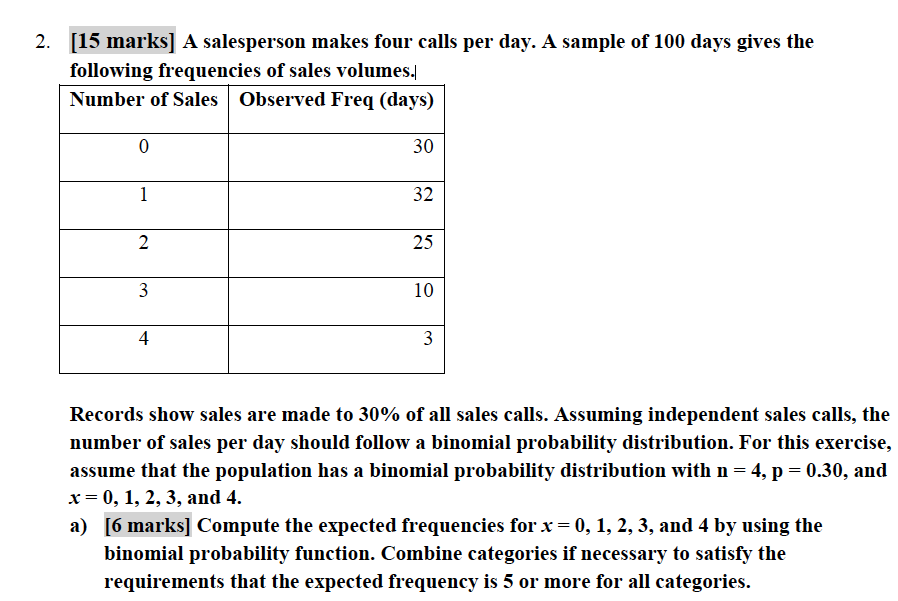 Solved [15 marks] A salesperson makes four calls per day. A | Chegg.com