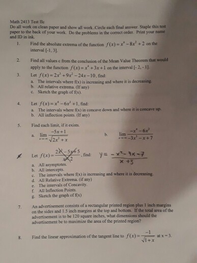 Solved Math 2413 Test Ilc Do all work on clean paper and | Chegg.com