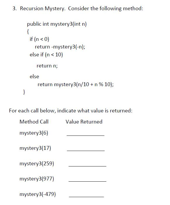 Solved 3. Recursion Mystery. Consider the following method: | Chegg.com