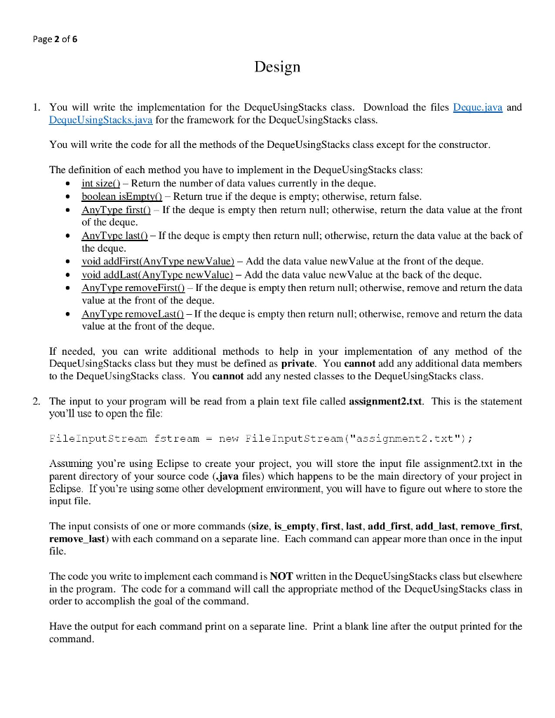 Page 1 of 6 Deque Using Stacks Assignment Overview In | Chegg.com