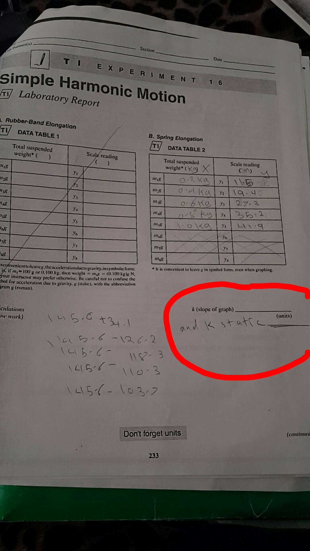 Solved finish these data of simple harmonic motion lab and | Chegg.com