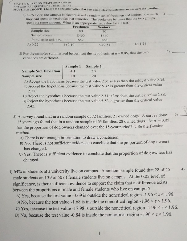 Solved MATH 1342 TEST ON CHAPTERS 9 AND Io ANSWER ALL | Chegg.com