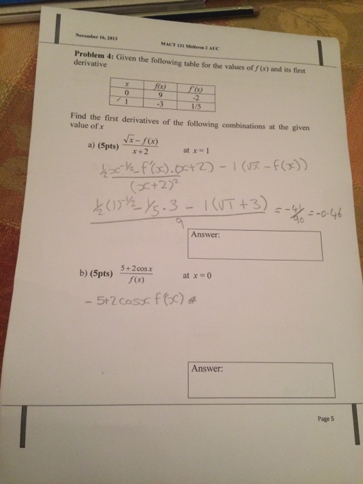 Solved Problem 4: Given the following table for the values | Chegg.com