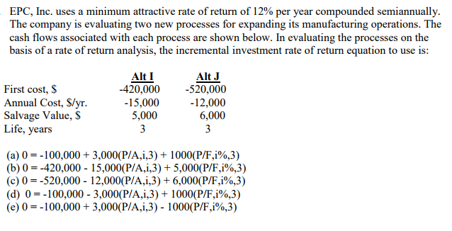 Solved EPC, Inc. uses a minimum attractive rate of return of | Chegg.com