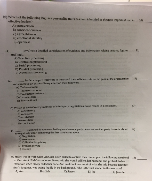 Solved Which of the following Big Five personality traits | Chegg.com