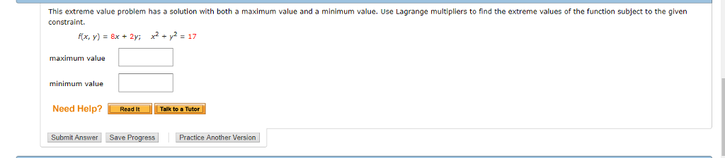 Solved This extreme value problem has a solution with both a | Chegg.com