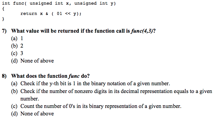 Solved int func( unsigned int x, unsigned int Y) return x & | Chegg.com