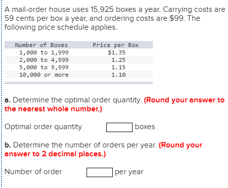 Solved A mail-order house uses 15,925 boxes a year. Carrying | Chegg.com