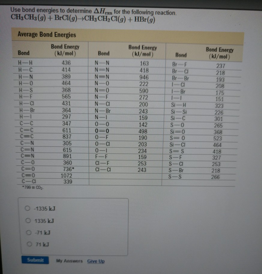 Solved Use bond energies to determine Delta H_rxn for the | Chegg.com