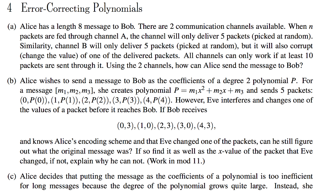 Solved 4 Error-Correcting Polynomials (a) Alice has a length | Chegg.com