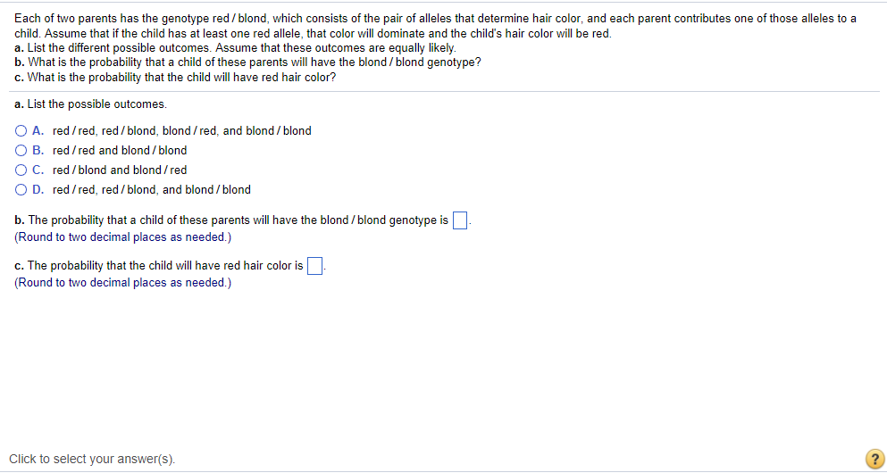 Solved Each of two parents has the genotype red / blond, | Chegg.com