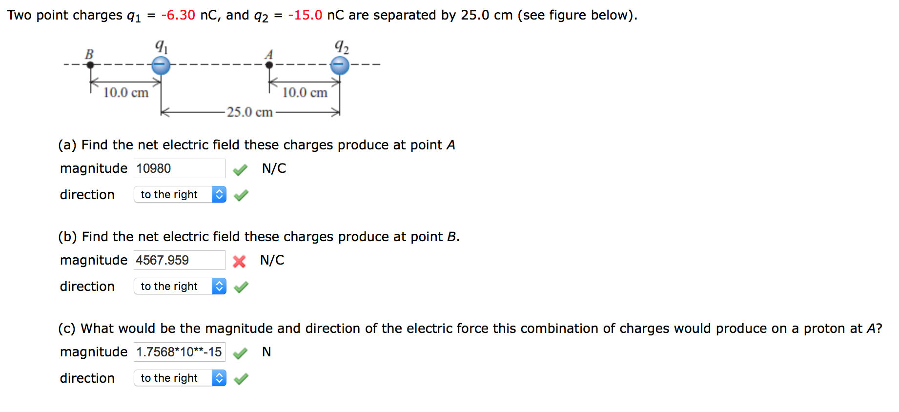 Solved Two point charges q1 = -6.30 nC, and q2 = -15.0 nC | Chegg.com