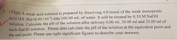 Solved A weak acid solution is prepared by dissolving 4.0 | Chegg.com