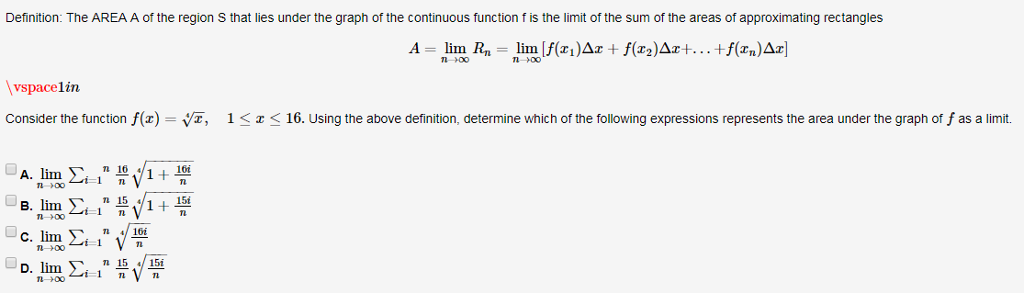 Solved Definition: The AREA A of the region S that lies | Chegg.com